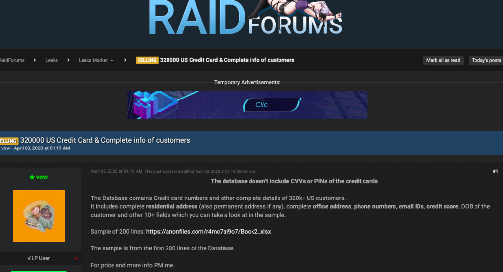 Credit card, PII details of 320k+ US customers sold on RaidForums ...